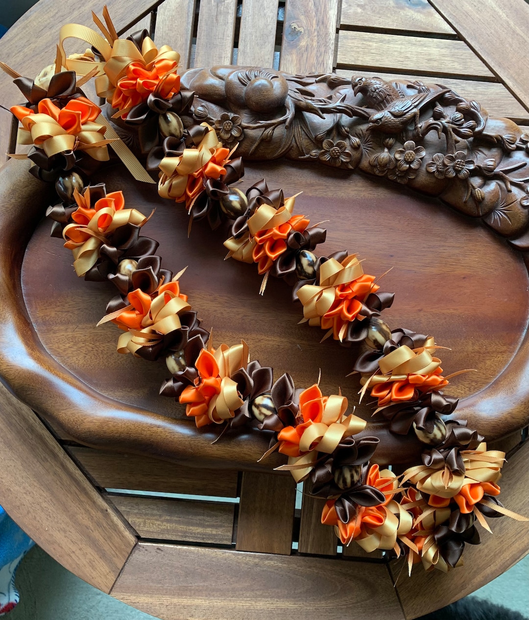 Hawaiian Orange and Gold Kukui Nut Satin Ribbon Lei 1 - Etsy