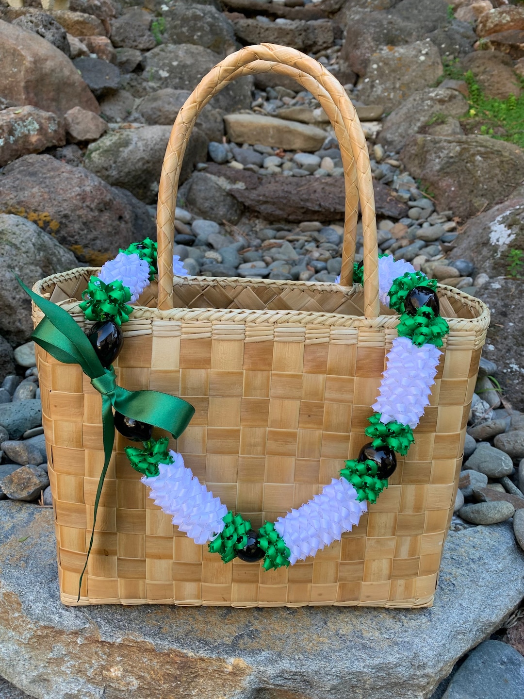 Hawaiian White Pikake With Green Trim and Kukui Nut Ribbon Lei (1” Wide ...