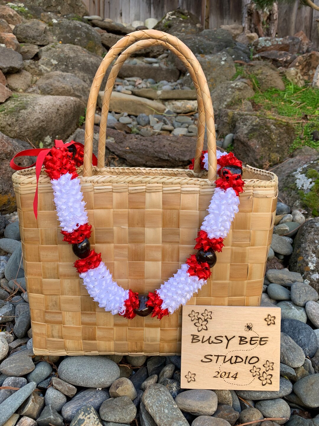 Hawaiian White Pikake With Vibrant Red Trim Kukui Nut Ribbon Lei (1 ...