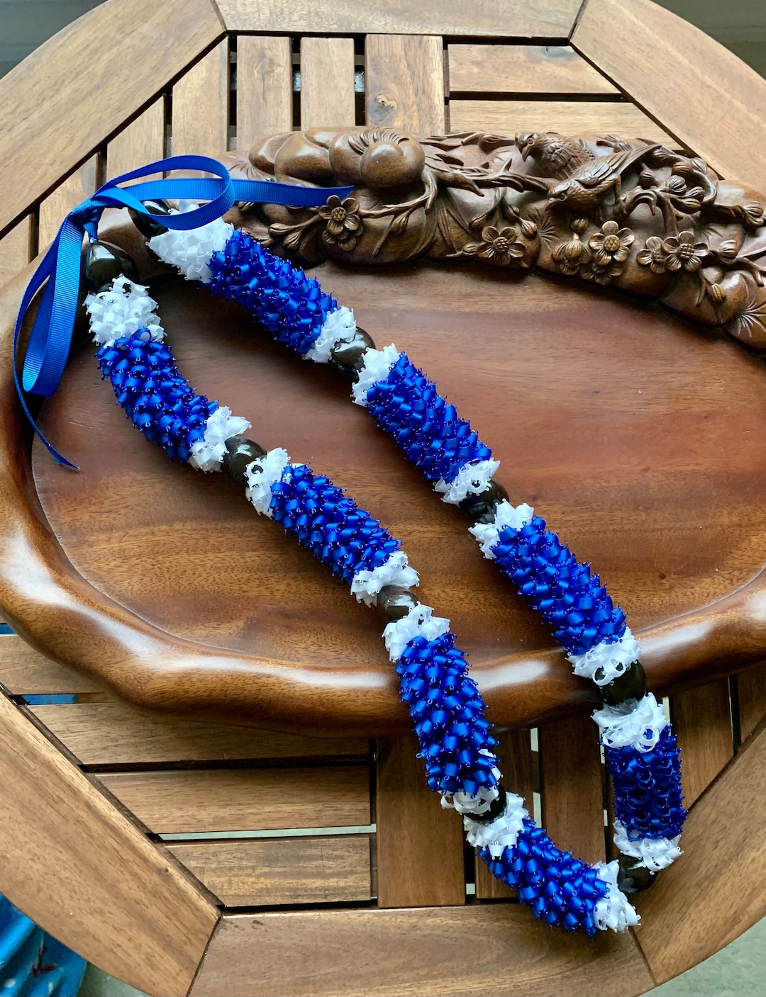 Hawaiian Royal Blue Pikake With White Trim and Kukui Nut Ribbon Lei (1 ...