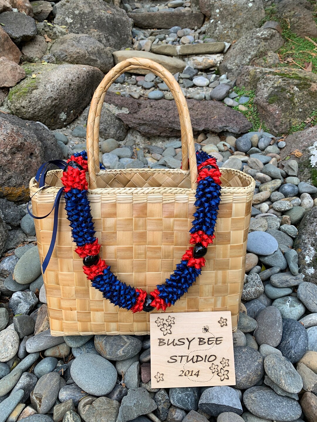 Hawaiian Navy Blue and Cardinal Red Pikake Kukui Nut Ribbon Lei (1 ...