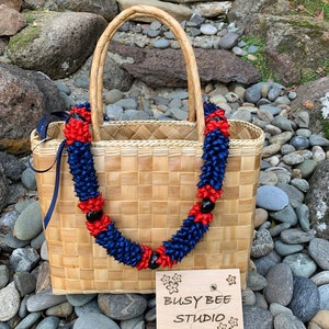 Hawaiian Navy Blue and Cardinal Red Pikake Kukui Nut Ribbon Lei (1 ...