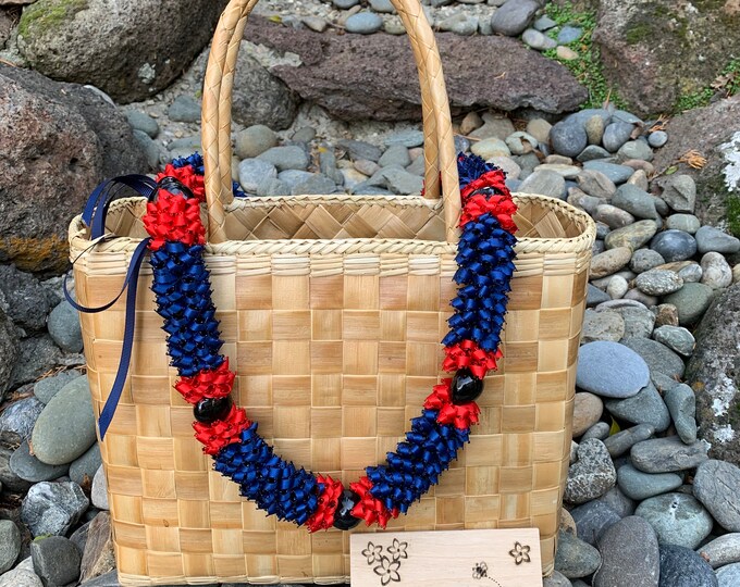Hawaiian Navy Blue and Cardinal Red Pikake Kukui Nut Ribbon Lei (1 ...