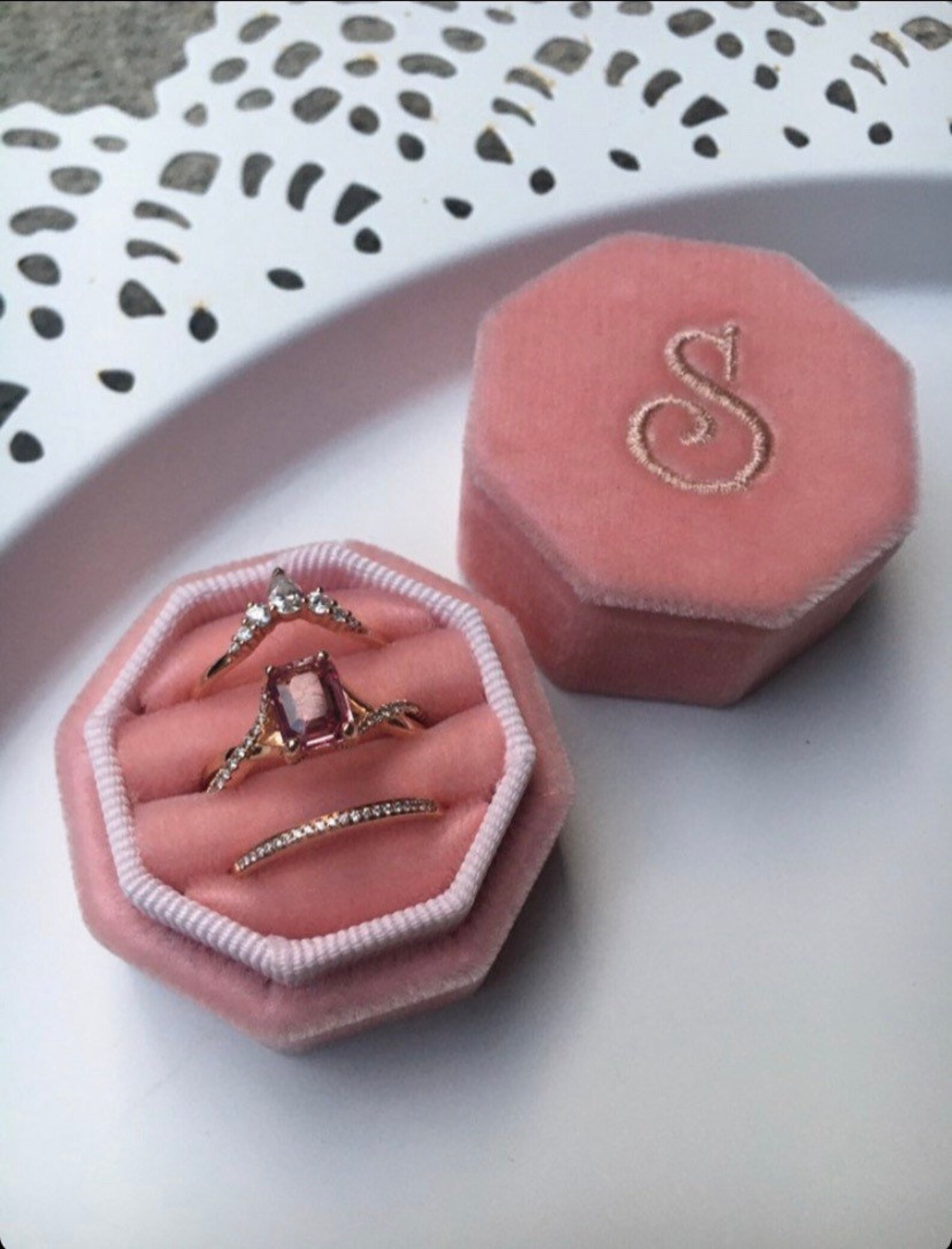 Triple Octagon Ring Box, Octagon Three Ring Box, Triple Velvet Octagon ...