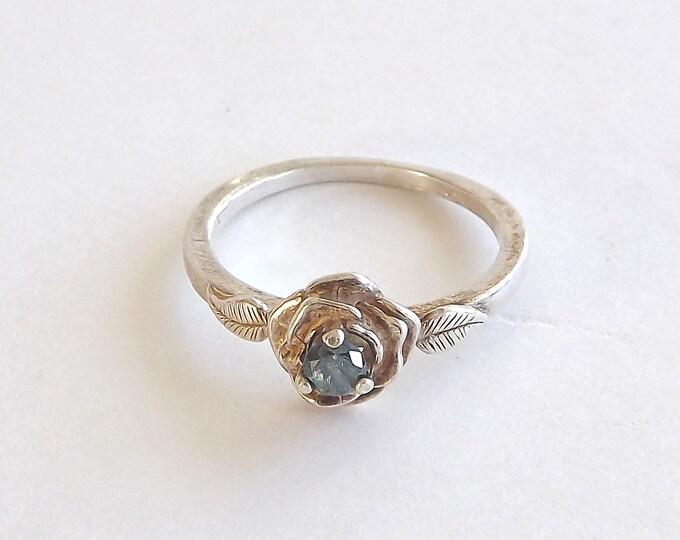 Blue Diamond Ring With Dainty Rose Detail - Etsy