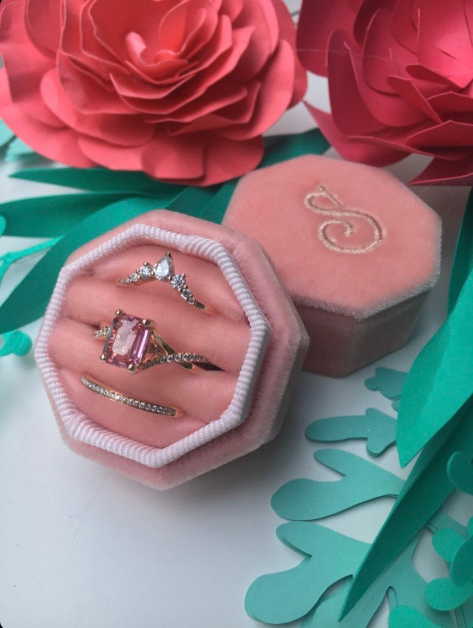 Triple Octagon Ring Box, Octagon Three Ring Box, Triple Velvet Octagon ...