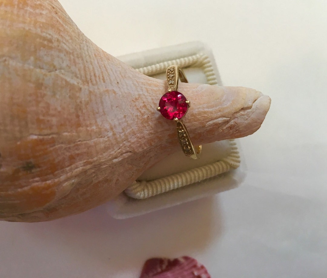 Ruby Ring Solitaire Brilliant Cut Bright Pink Gem in Yellow Gold With ...