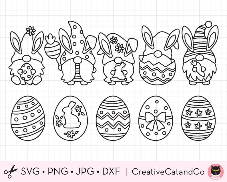 Easter Outline Coloring Svg Png Jpg Outlined Easter Gnomes | Etsy