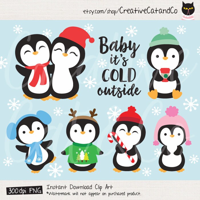 Winter Penguin Clipart in the Snow Cute Baby Penguins Wearing | Etsy