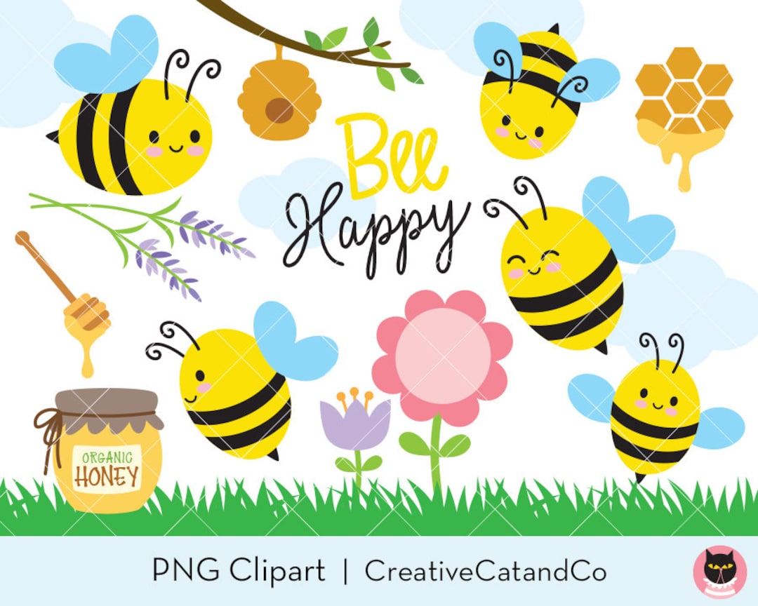 Bee Clipart, Cute Spring Bee Flower and Honey, Happy Bee With Honey Jar ...