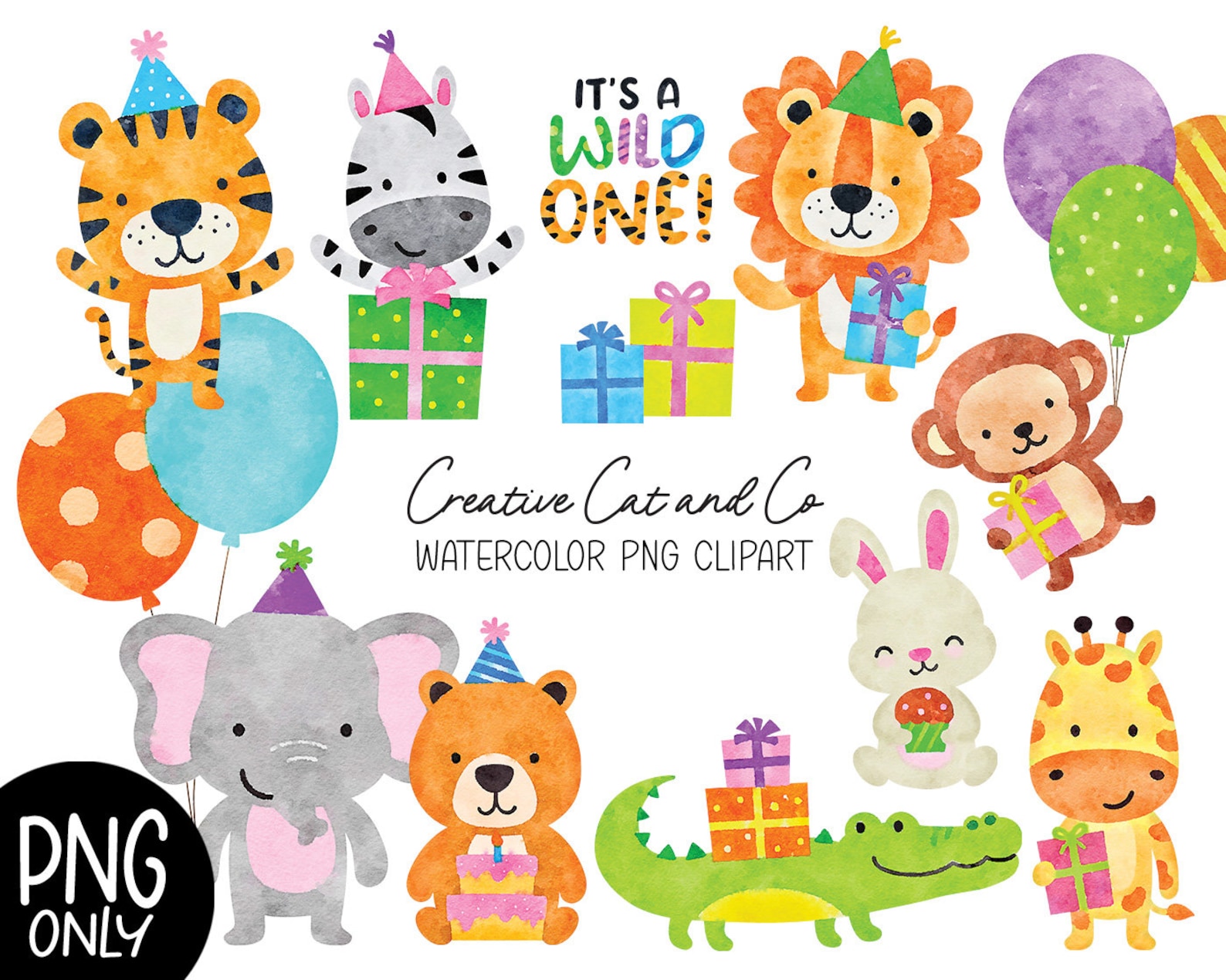 Wild Animal Party Watercolor Clipart Birthday Party - Etsy