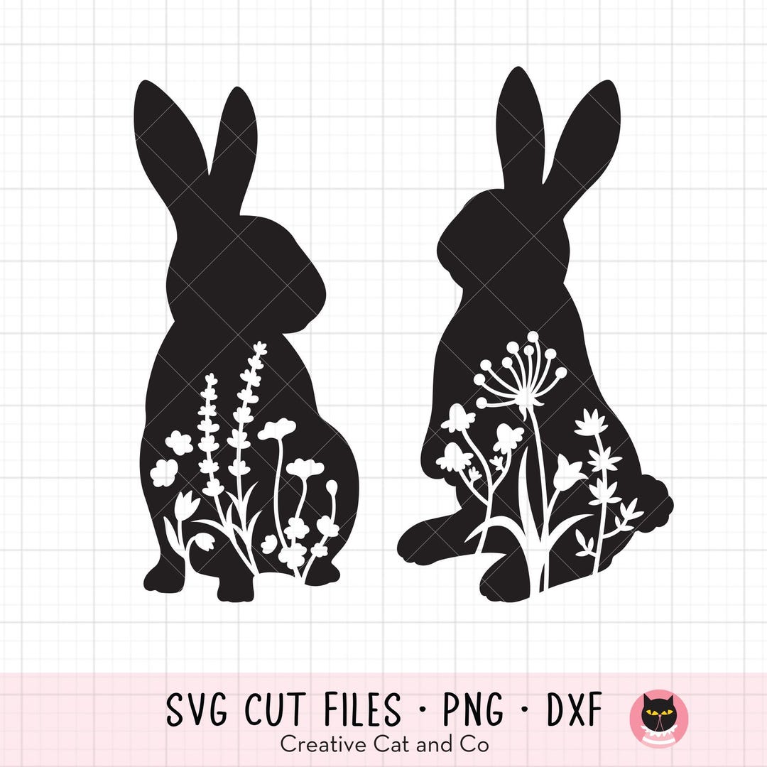 Spring Bunny SVG, PNG, DXF - Easter Rabbit Silhouette With Wild Flowers ...