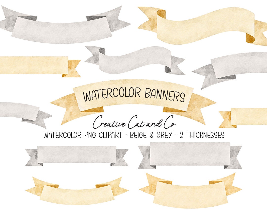 Watercolor Banner Clipart, Beige, Grey, Vintage, Ribbon Banners Bundle ...