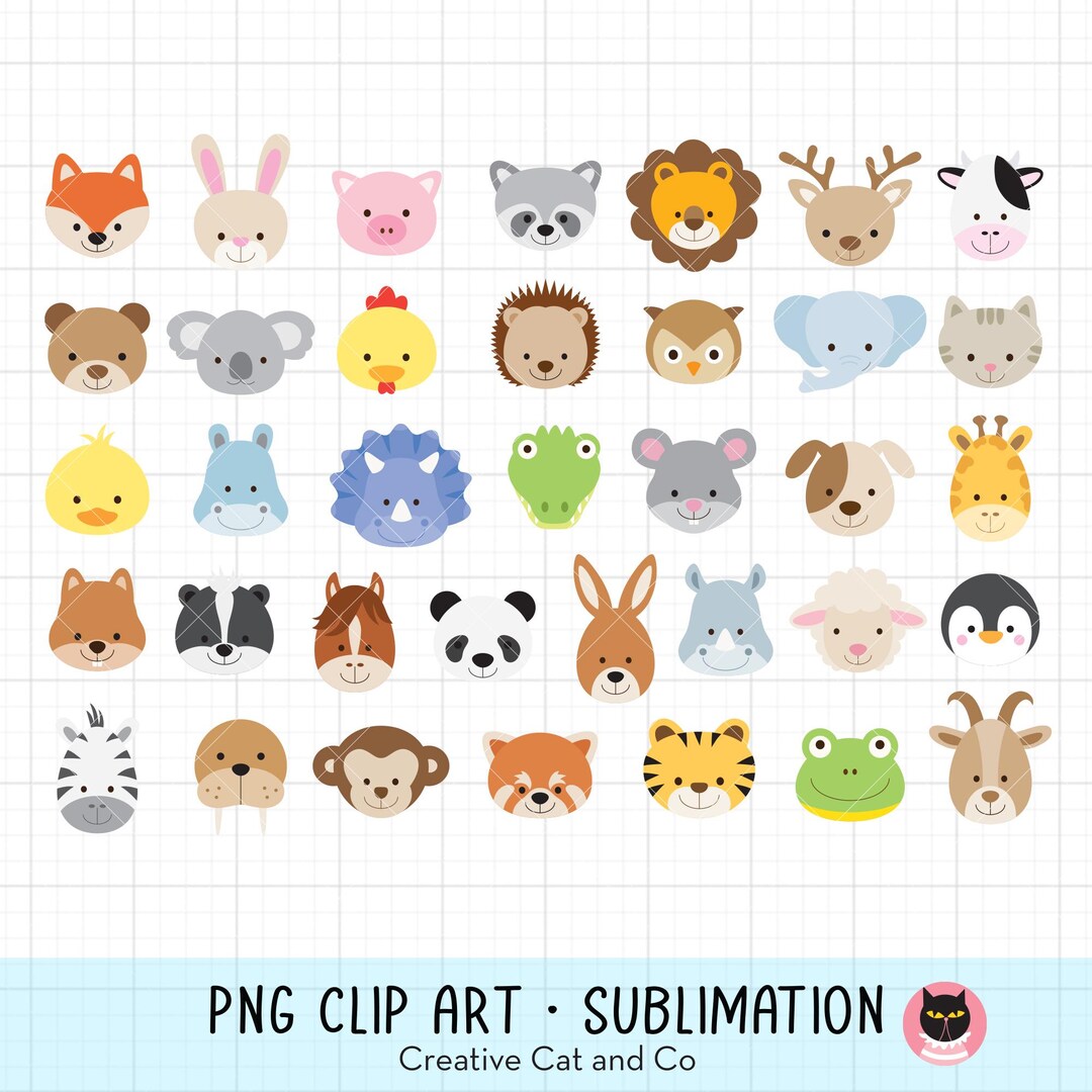 Cute Animal Face PNG Clipart Bundle, Wild & Farm Animals, Lion ...