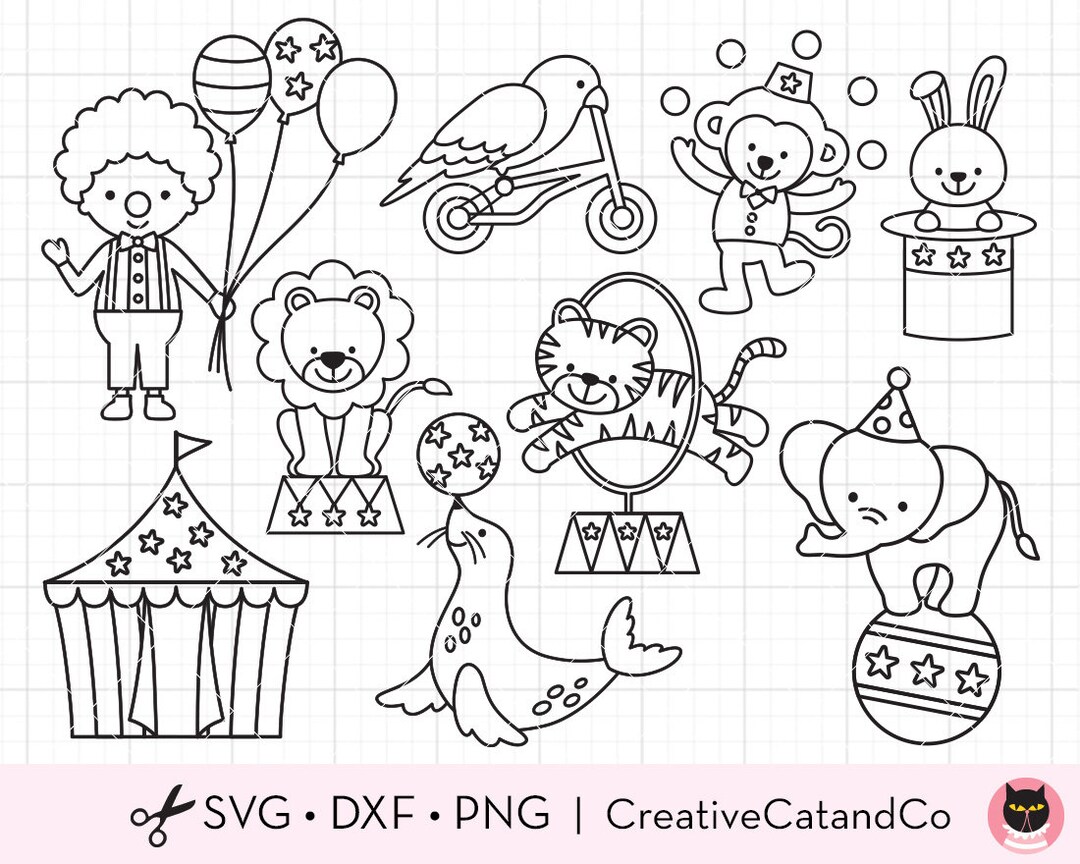 Circus Animals Outline Coloring Svg, Png, Outlined Circus Animals ...