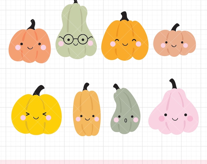 Kawaii Pumpkins Clipart, Cute Fall SVG Bundle, Thanksgiving PNG, Autumn ...