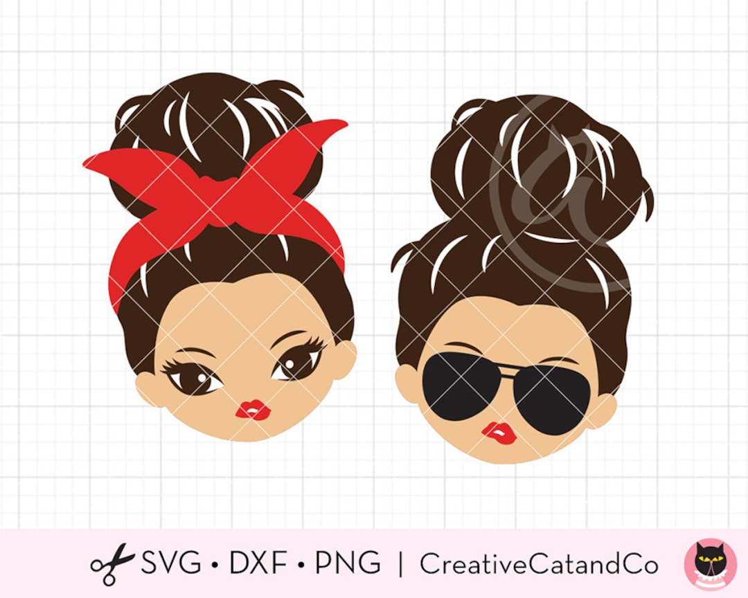 Messy Bun SVG Clipart Straight and Curly Hair Bun Girl With Eyelashes ...