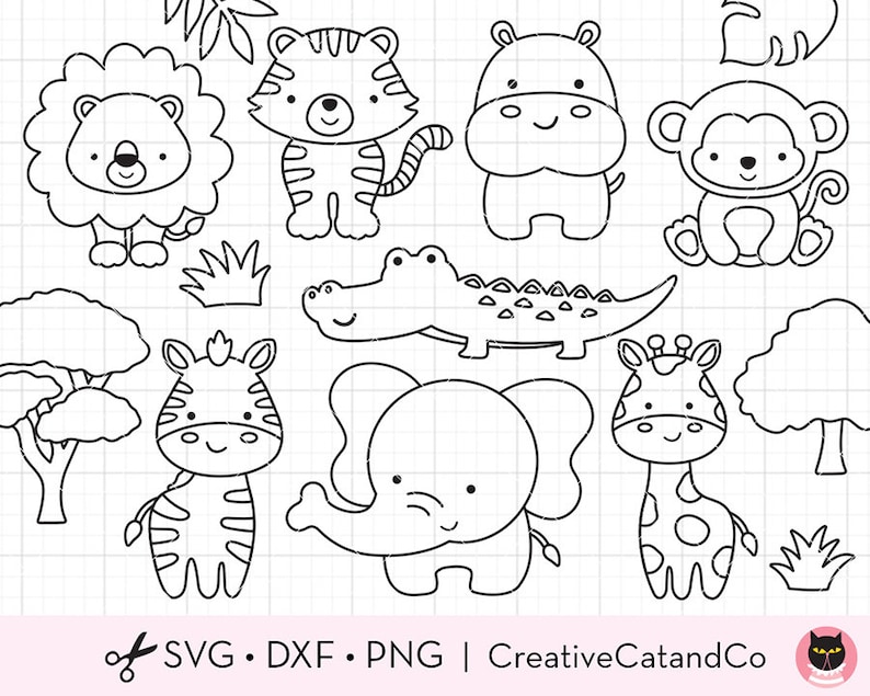 Outline Safari Animals SVG Jungle Animals Line Art for | Etsy