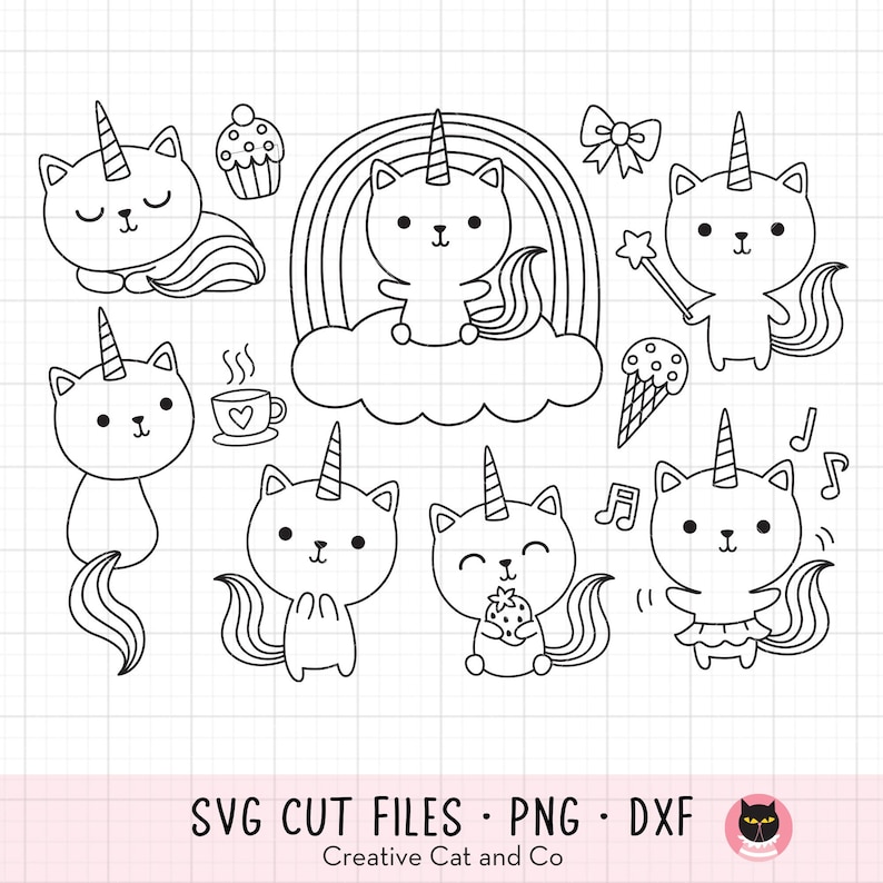 Cat Unicorn Coloring SVG PNG Clipart Caticorn Outline Line Art for ...