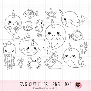 Narwhal Outline Coloring SVG PNG, Cute Narwhal and Fishes Digital Stamp ...