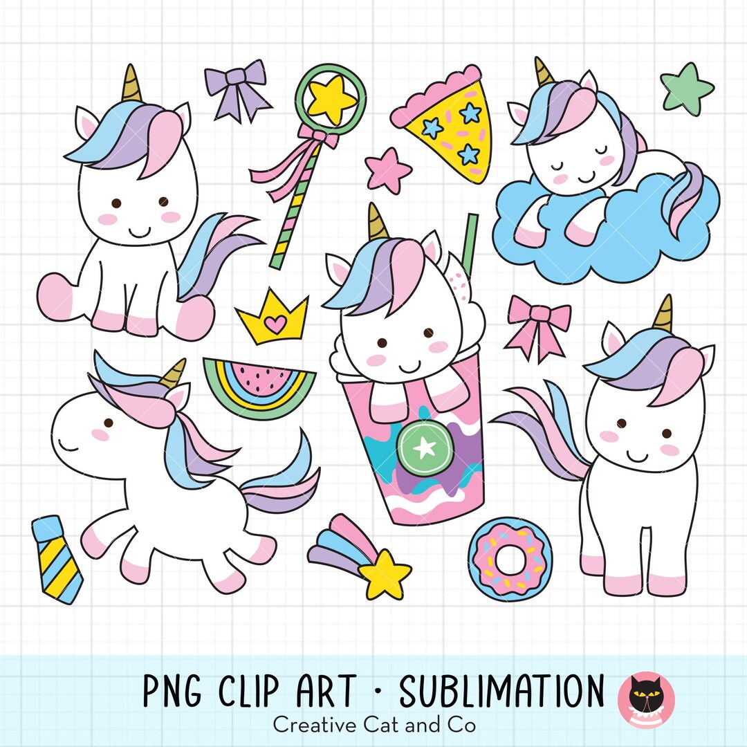 Cute Unicorn PNG Clip Art Bundle | Kawaii Unicorn With Pastel Horn and ...