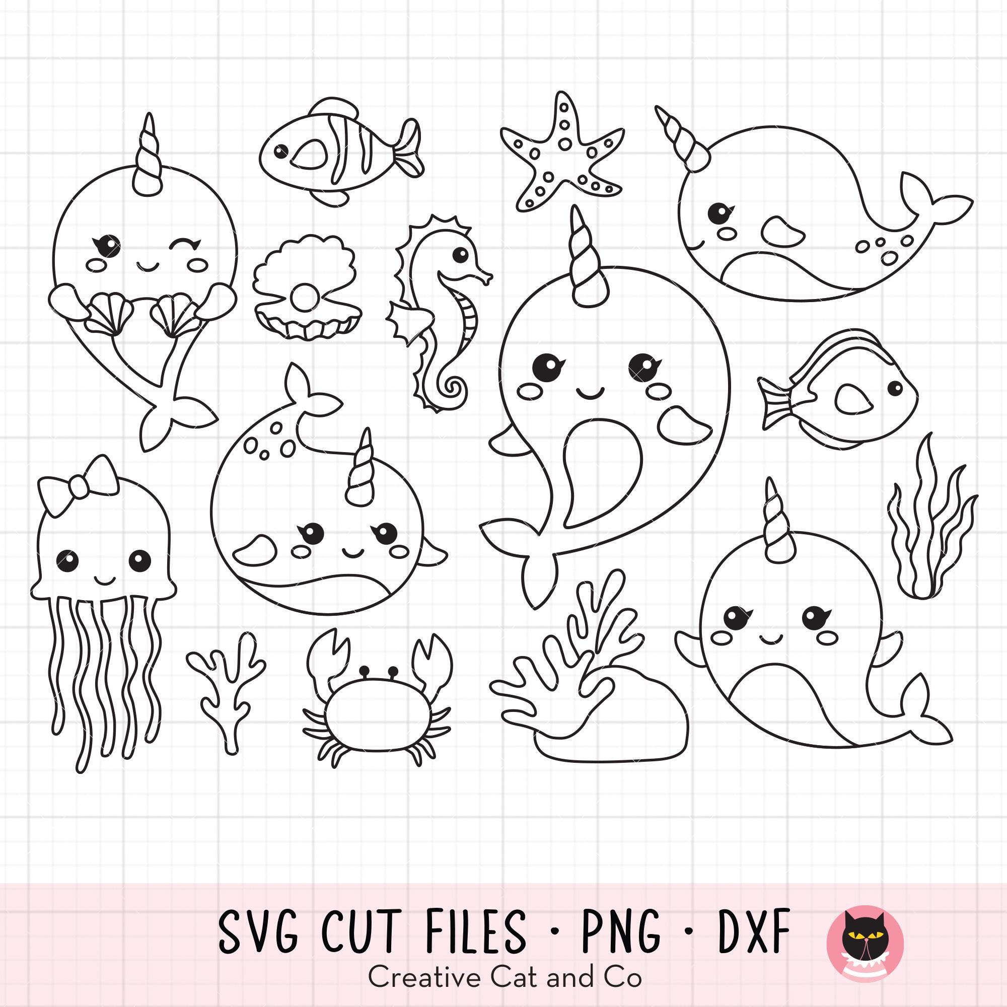 Cute Narwhal Line Art SVG PNG DXF Clipart | Baby Narwhal Outlines for ...