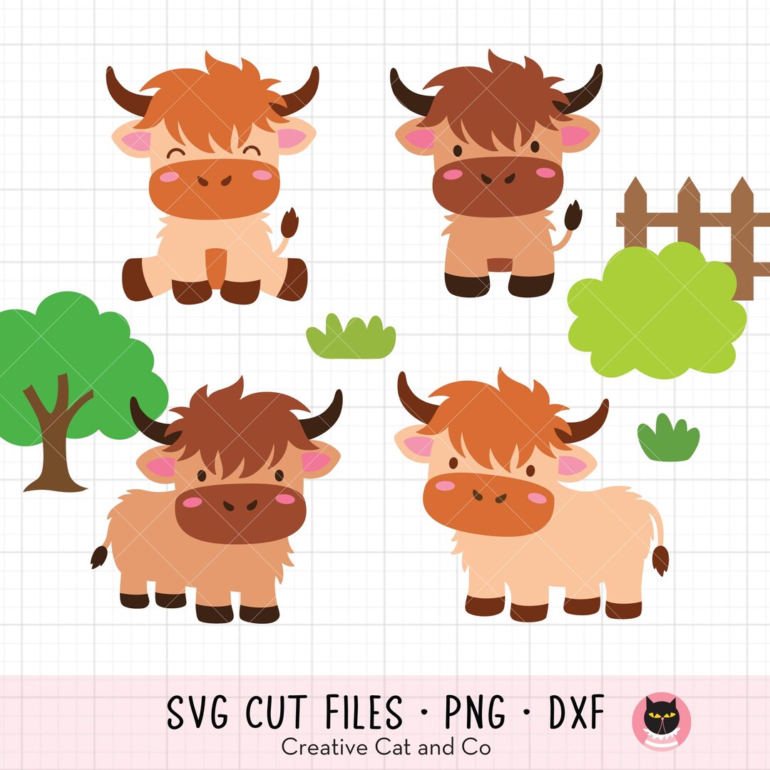 Highland Cows SVG PNG DXF Clipart | Cute Baby Cow Designs With Tree ...