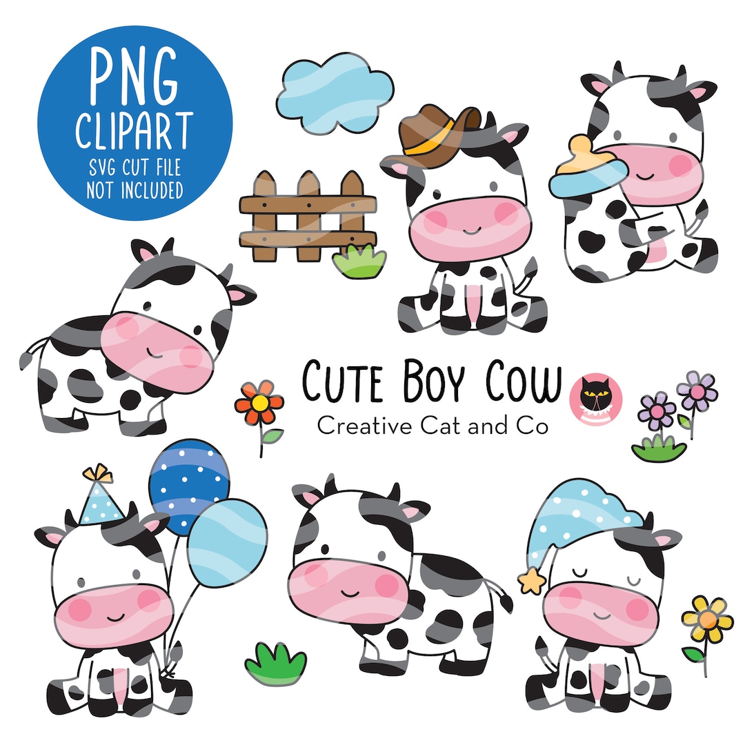 Baby Boy Cow PNG Bundle, Cute Cartoon Cow Clipart, Farmhouse Birthday ...