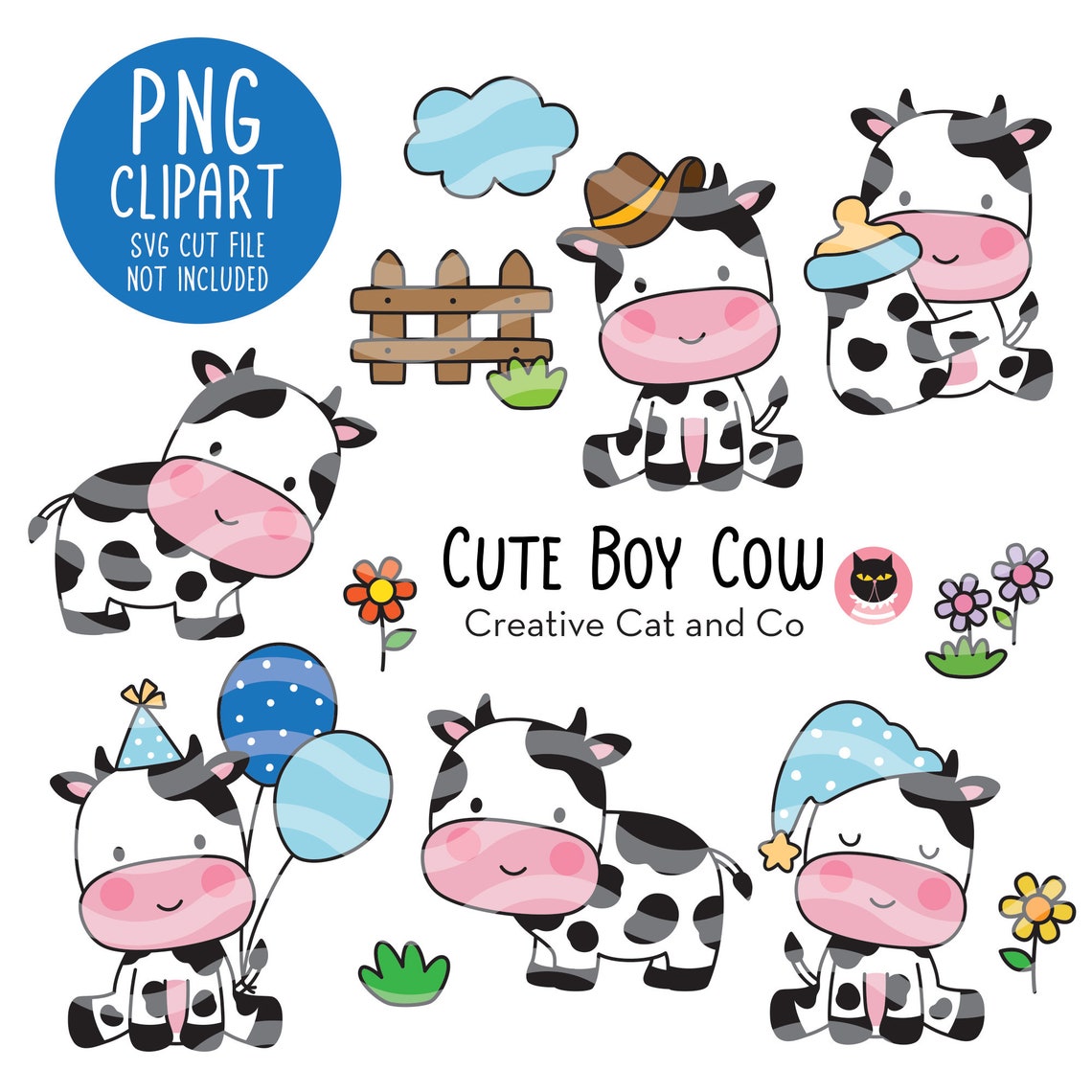 Baby Boy Cow PNG Bundle, Cute Cartoon Cow Clipart, Farmhouse Birthday ...