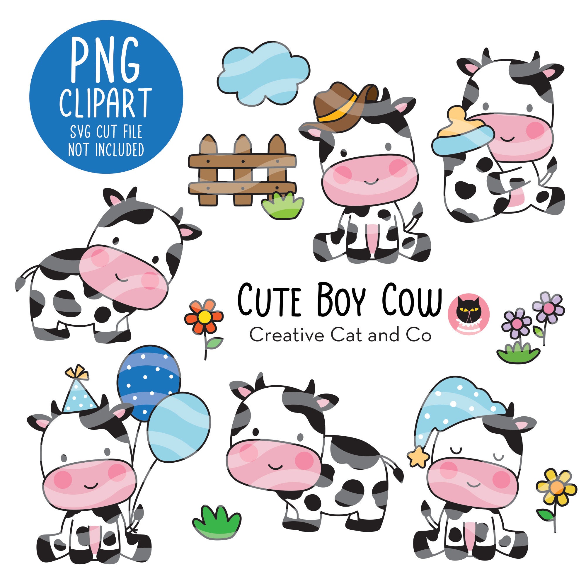 Baby Boy Cow PNG Bundle, Cute Cartoon Cow Clipart, Farmhouse Birthday ...