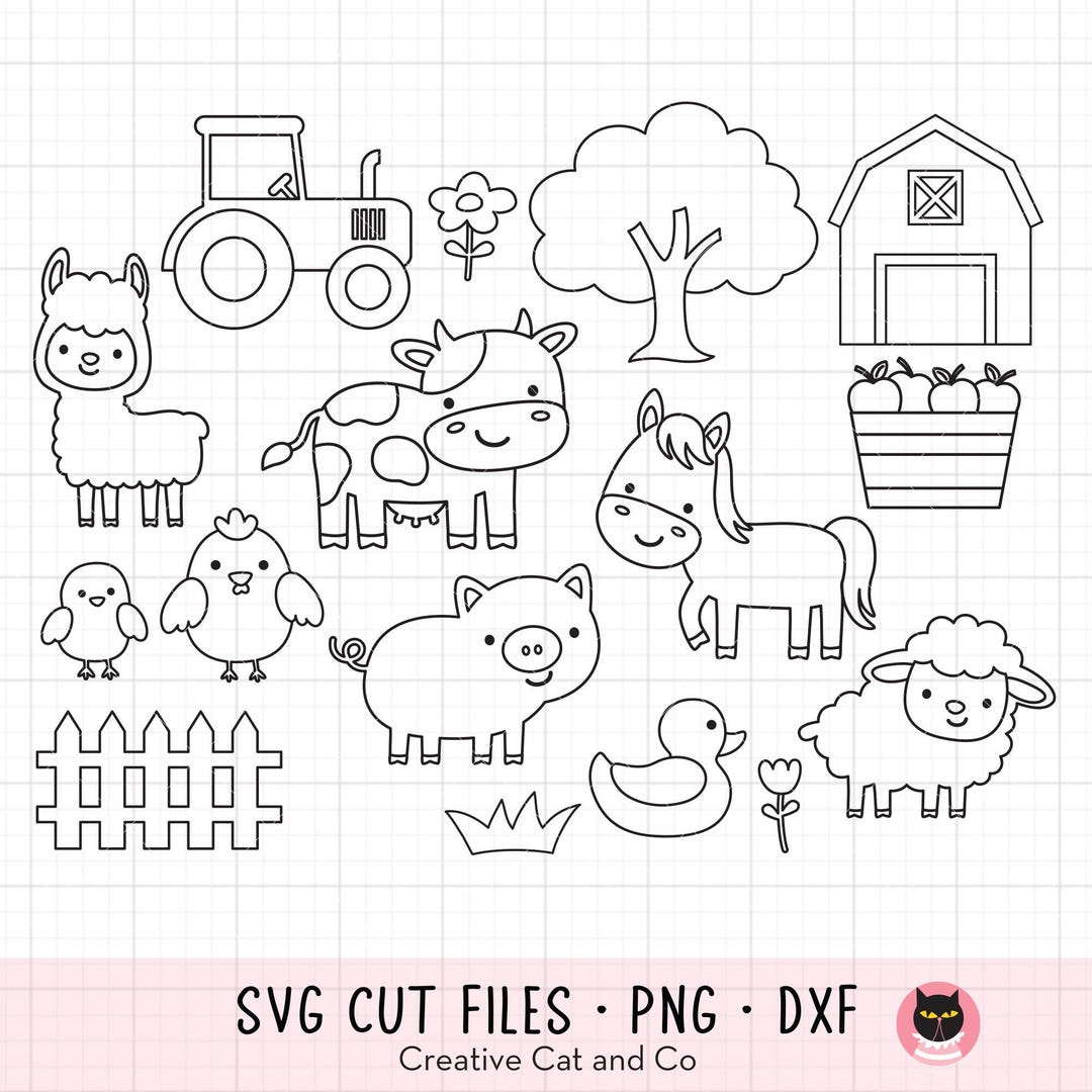 Farm Animal Coloring Outline SVG PNG DXF Cow Horse Sheep Llama Barn ...