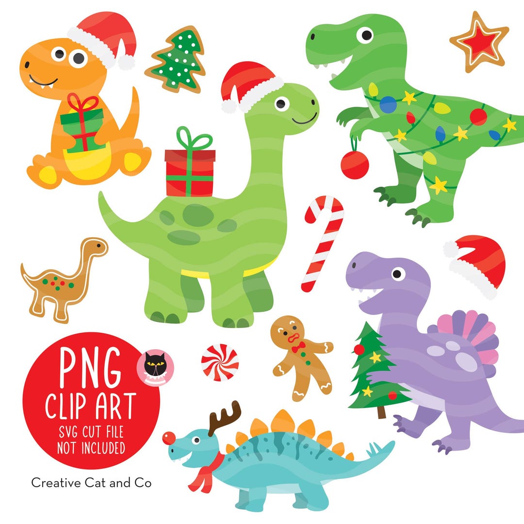 Christmas Dinosaur PNG Clipart Bundle | Cute Dinosaurs With Santa Hats ...