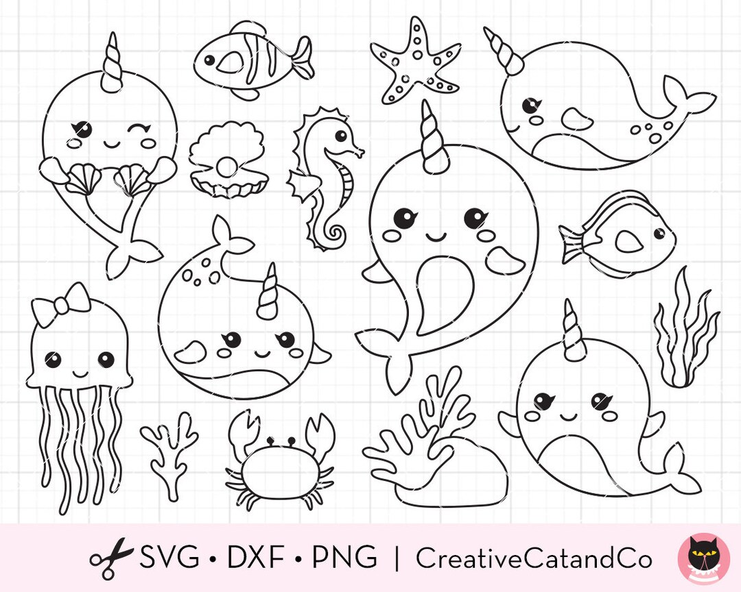 Outlined Narwhal Coloring SVG, Outlined Sea Animal SVG, Cute Narwhal ...