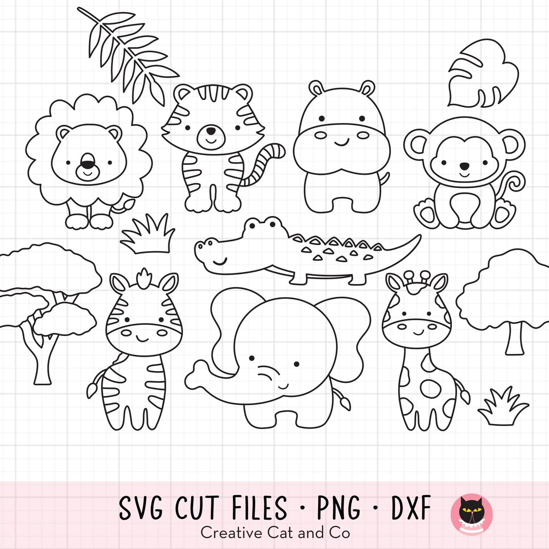 Outline Safari Animals SVG Jungle Animals Line Art for Coloring Digital ...
