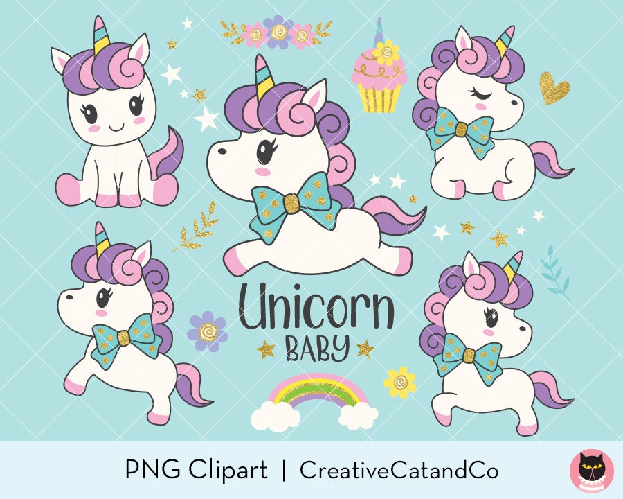 Baby Unicorn Clipart Cute Little Unicorn with Gold Glitter | Etsy