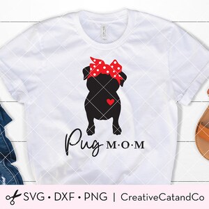 Pug Mom SVG Pug Lover Cute Pug With Red Bow Bandana Silhouette Clipart ...