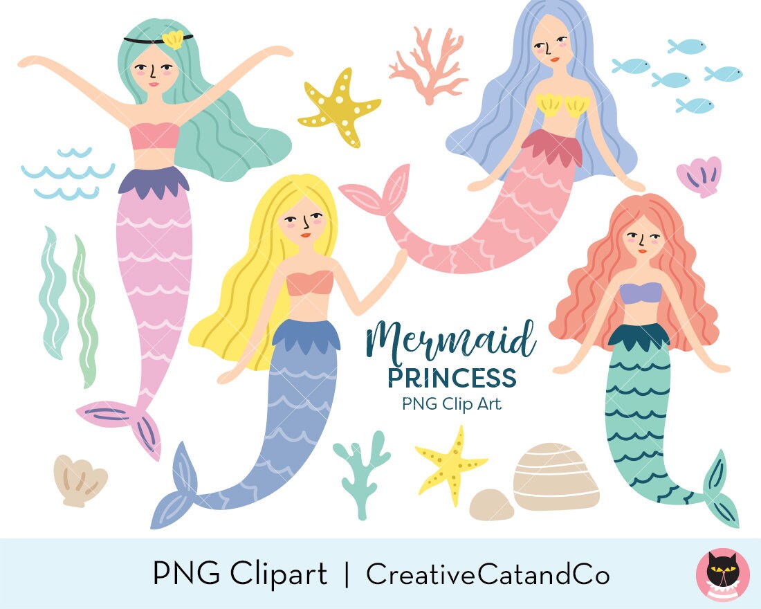 Mermaid PNG Clipart Bundle| Mermaid Princesses Under the Sea With Fish ...