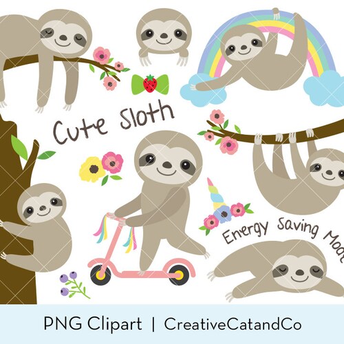 Sloth Clipart Cute Sleeping Sloths Clip Art Kawaii Hanging - Etsy