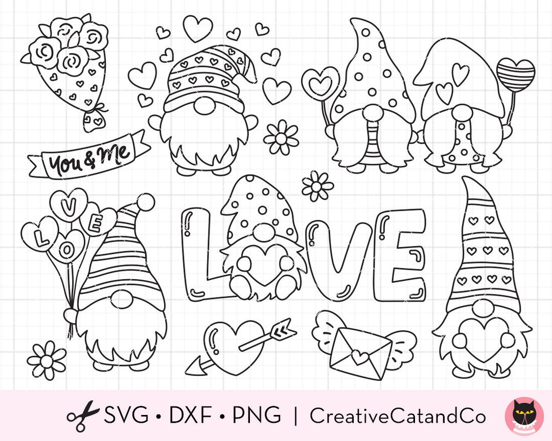 Valentine Gnomes Outline Coloring Svg, Png, Outlined Gnome With Heart ...