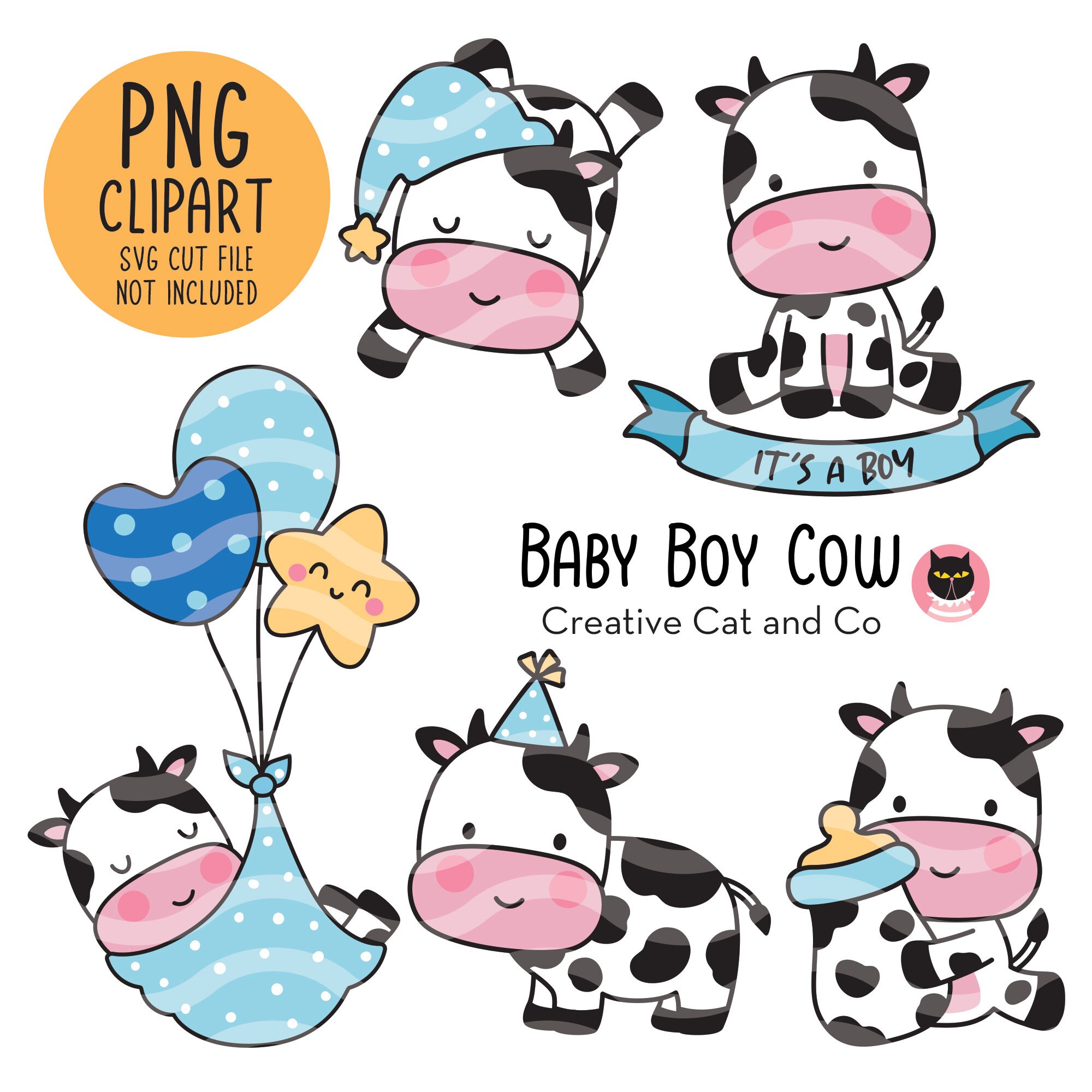 Baby Boy Cow PNG Clipart Set, Cute Farm Animal Illustration, Cow-themed ...