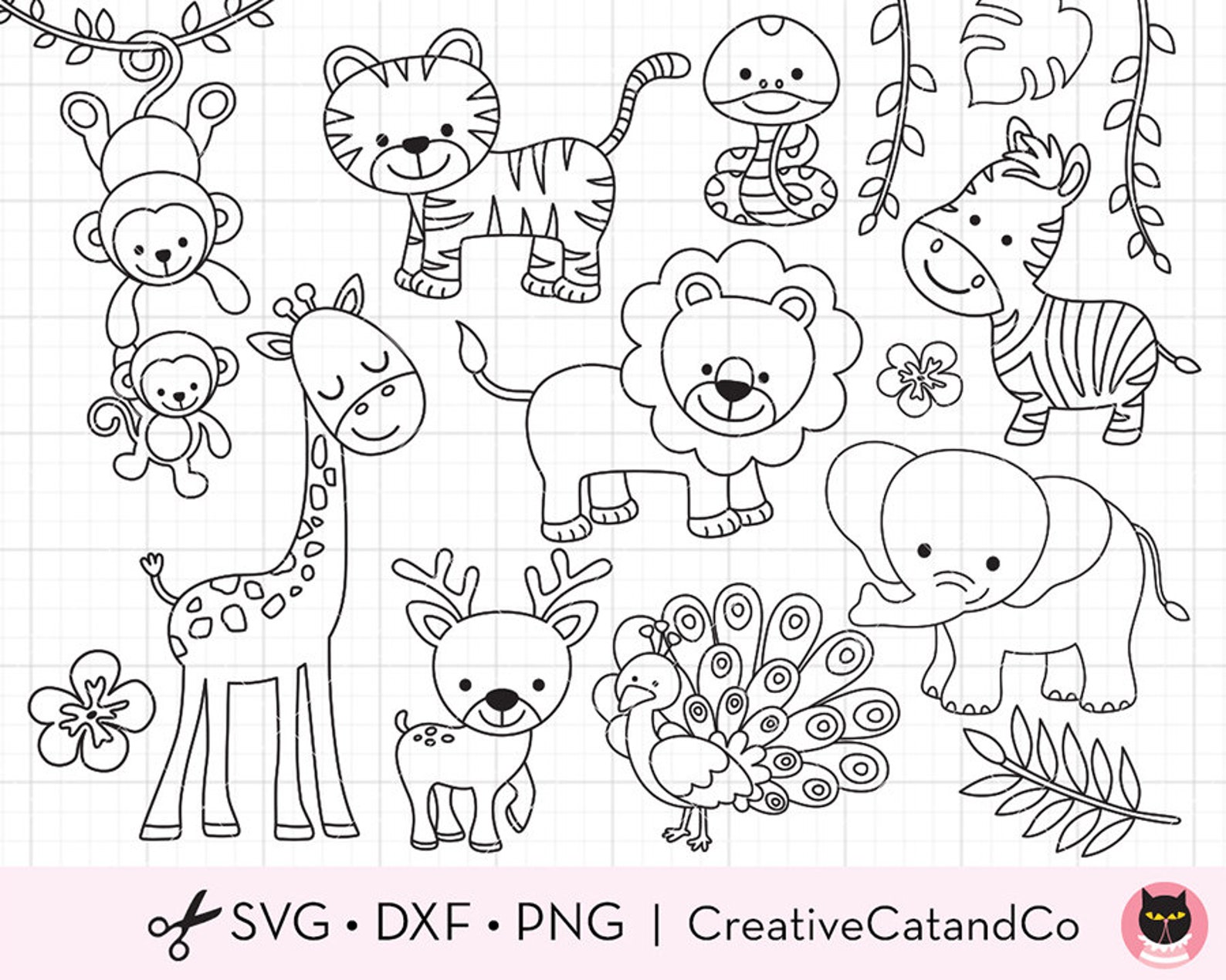 Safari Dieren Outline Coloring SVG Clipart Wild Jungle Dieren - Etsy België