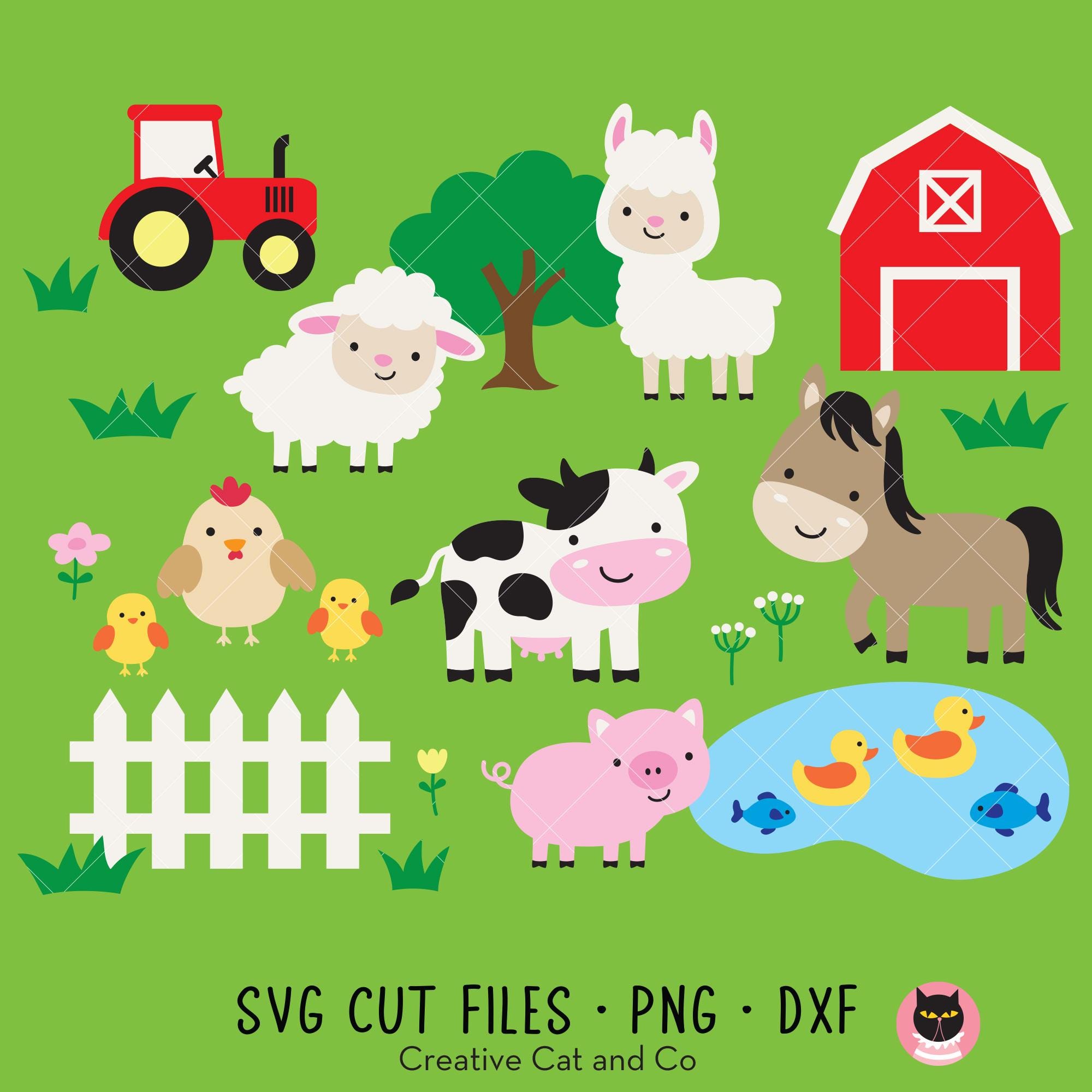 Farm Animals SVG PNG DXF Clipart | Cute Cow, Horse, Sheep, Pig, Llama ...