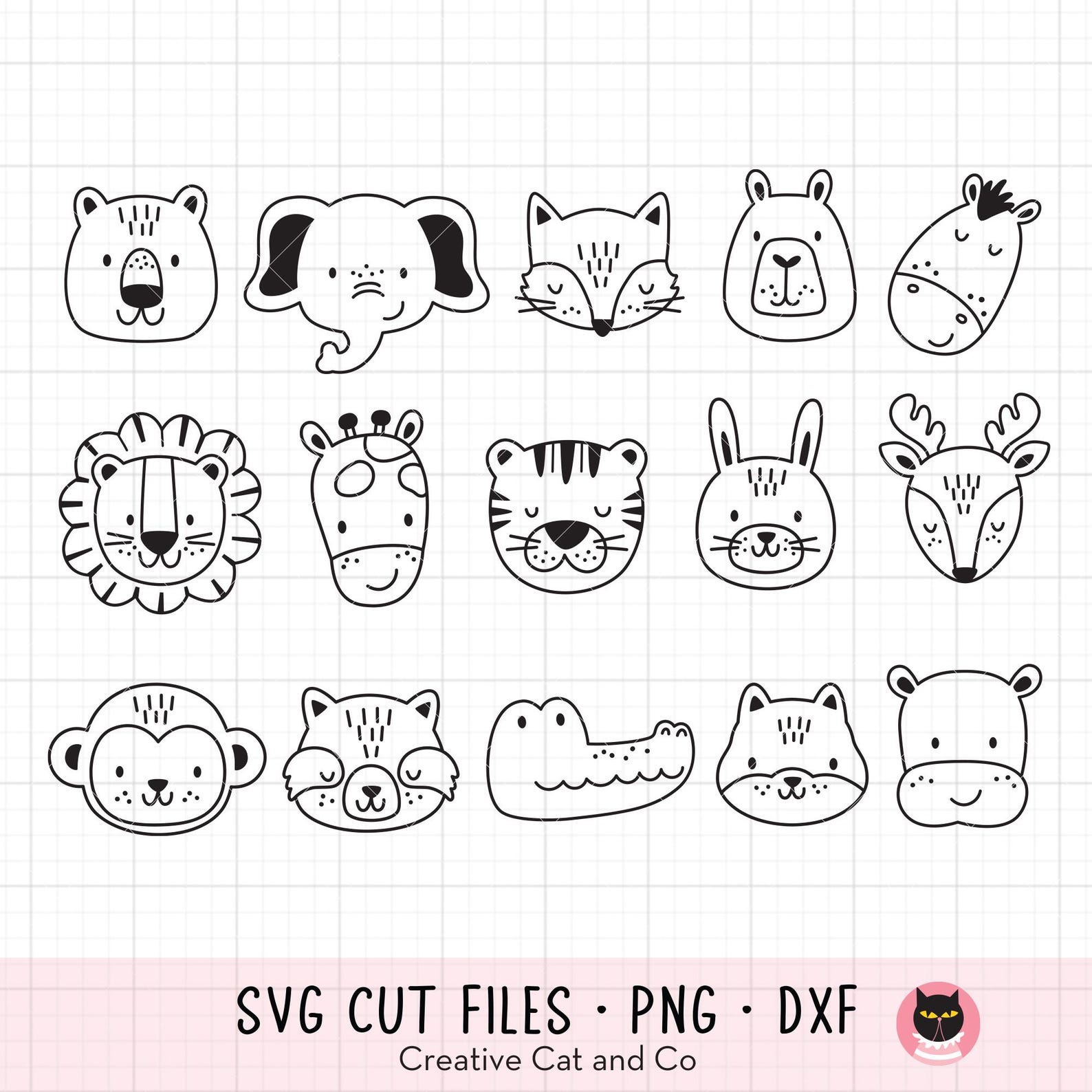 Animal Face Outlines SVG PNG Bundle, Black and White Wild Animal Heads ...