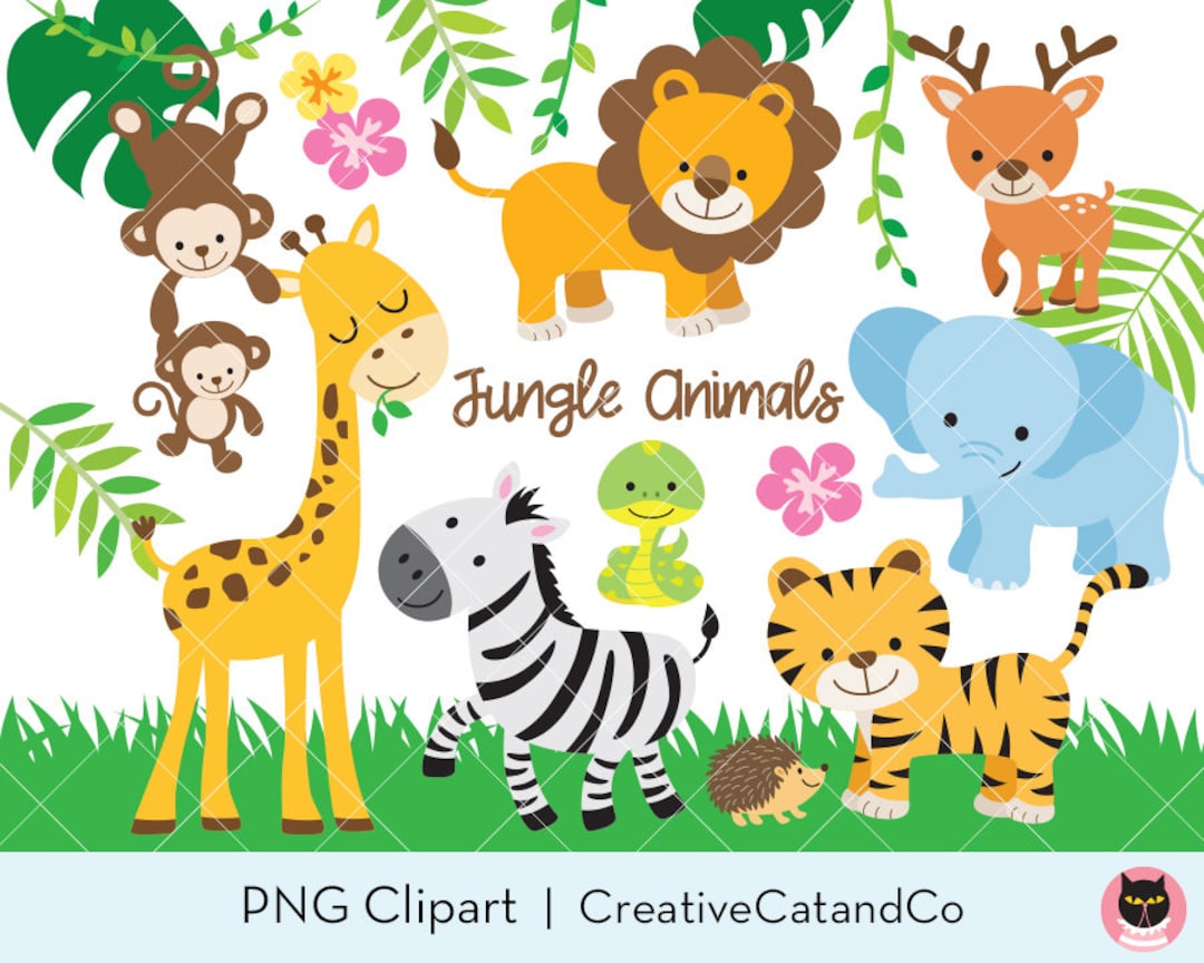 Jungle Safari Animal Clipart Cute Forest Lion Tiger Giraffe Monkey ...