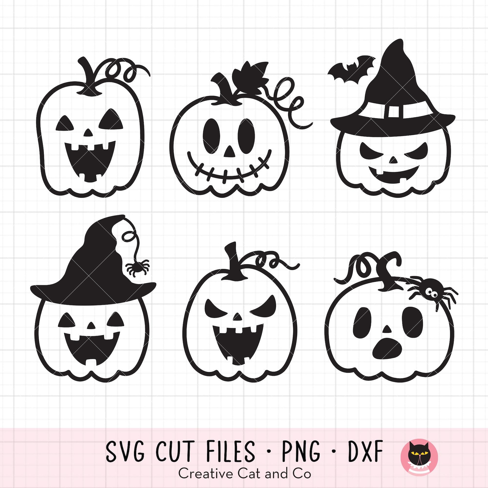 Jack O Lantern Outline SVG PNG DXF Clip Art Set | 6 Pumpkin Line Art ...
