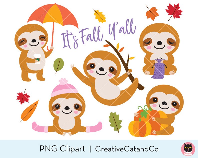 Sloth Fall Autumn Season Clipart Cute Baby Sloth on a Tree | Etsy