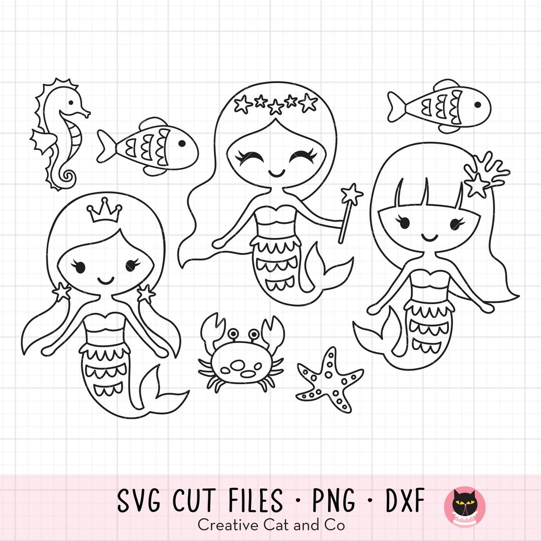 Outline Mermaid SVG DXF Cute Mermaid Coloring Svg Clipart Mermaid Girl ...