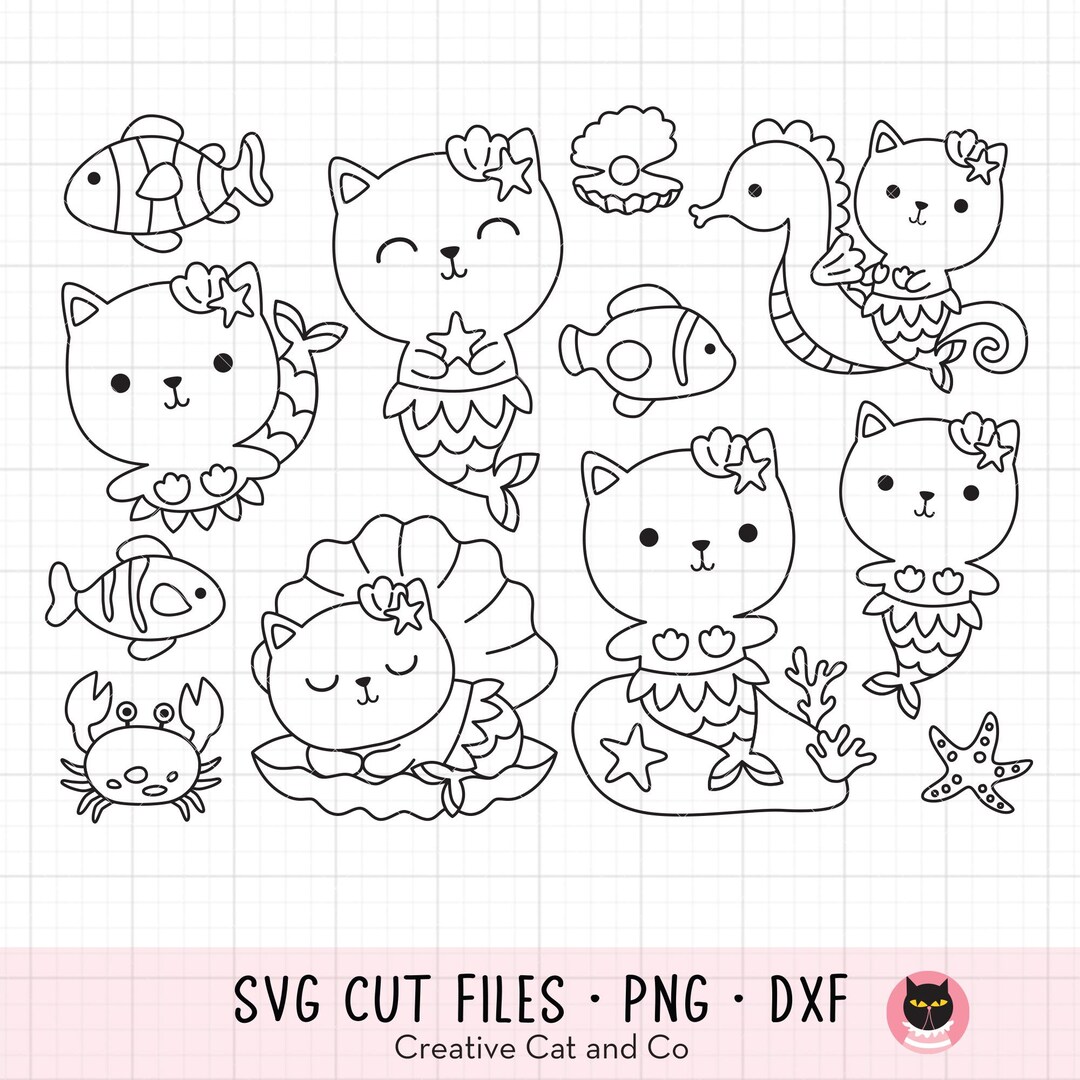 Mermaid Cat Outline Coloring SVG, Mermaid and Fishes Line Art PNG ...