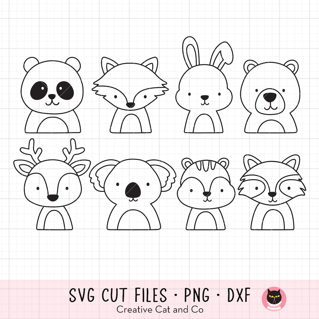 Outlined Woodland Animal Faces SVG PNG, Animal Faces Coloring Clipart ...