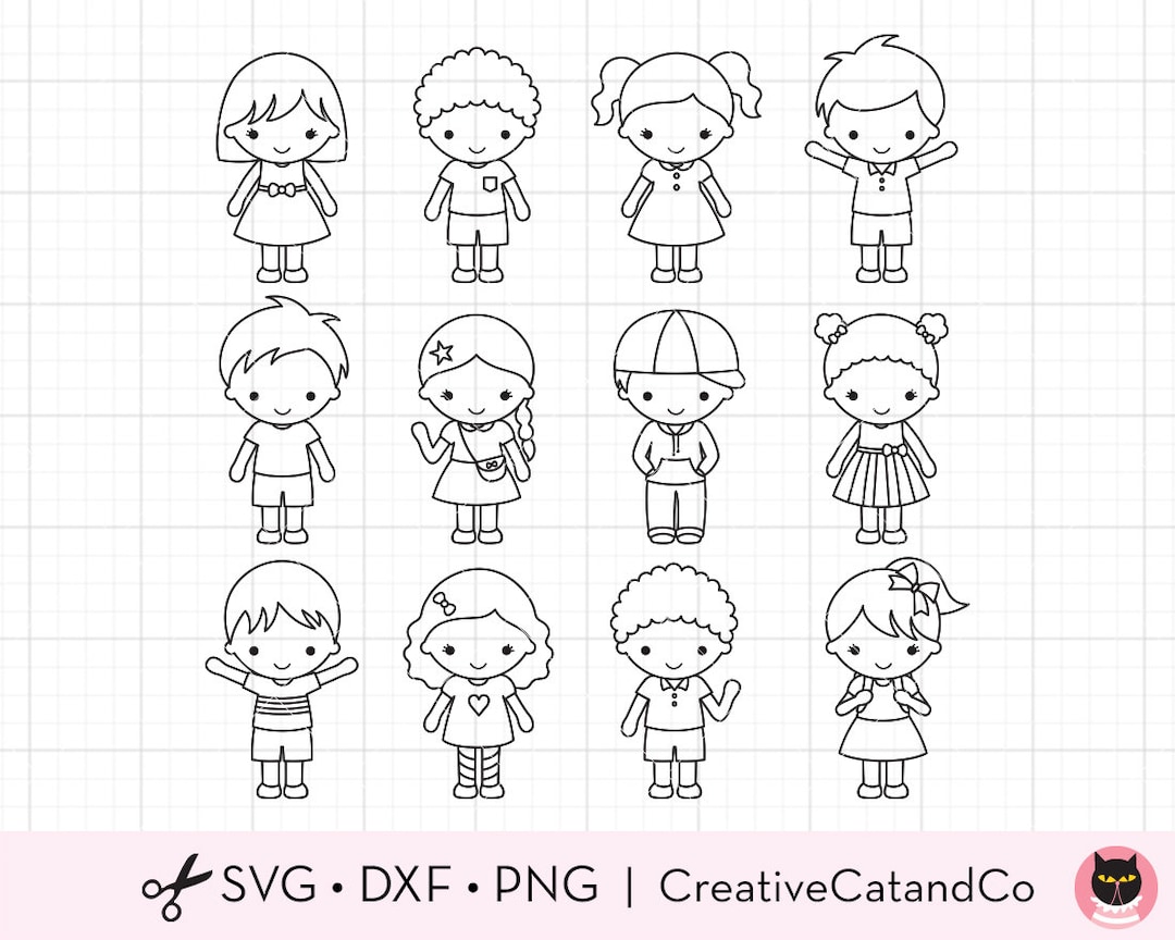 Outline Kid SVG DXF Kid Children Character Coloring Doodle Boy and Girl ...